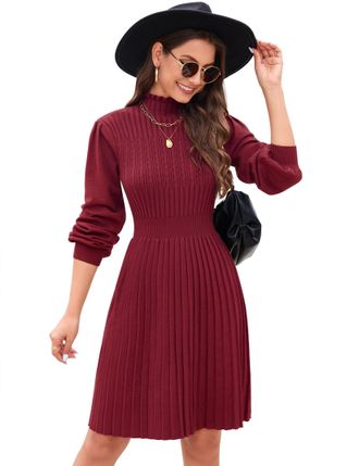 KOJOOIN Strickkleid Damen Elegant Rollkragen Pulloverkleid Langarm Tunika Kleid A Linien Minikleid Rundhals Pullikleid Rot XXL