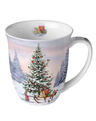 Ambiente Tasse 0,4 l Becher Kaffeetasse Teetasse Fine Bone China Porzellan winter animals Winter Weihnachten Advent Tannenaum Tierel