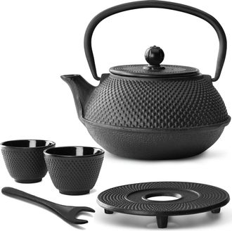 Bredemeijer Teekanne asiatisch Gusseisen Set 0.8 Liter - schwarze Gusskanne mit Henkel & Edelstahl Tee-Filter Sieb-Einsatz f&uuml;r losen Tee & 2 Teebecher (Tassen) & 