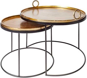 Licht-Erlebnisse Kunstvolles Beistelltisch Set Elements 2 Stück mit abnehmbarem Tablett in Schwarz Gold rund Ablage Wohnzimmer