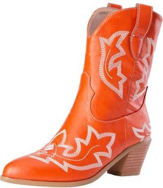 Generic Bottes de cowgirl western &agrave; bout pointu pour femme - Bottes de cowboy mi-mollet brod&eacute;es - Imperm&eacute;ables - En cuir - &Agrave; talons bas - Bottines pour femme,