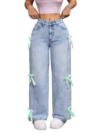 Generic Pantalon en jean avec noeud mignon pour femme - Taille haute - Style d&eacute;contract&eacute; - Y2K - Avec poches, Vert, XL