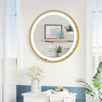 Kleankin Miroir Rond Lumineux LED pour Salle de Bain 60 cm avec Affichage de lheure, Interrupteur Tactile, Fonction m&eacute;moire, 3 Couleurs de temp&eacute;rature, Miroir 