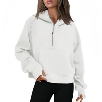 Generic Sweat-shirt surdimensionn&eacute; &agrave; manches longues et demi-fermeture &eacute;clair pour femme, avec trou pour le pouce et poches, blanc, XL