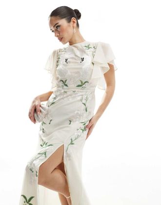 Hope & Ivy Robe longue de mari&eacute;e &agrave; dos nu et ornement cygnes - Ivoire-Blanc