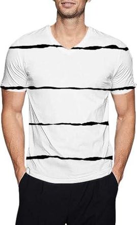 Generic T-shirt basique &agrave; rayures pour homme 2026 - Style d&eacute;contract&eacute; - Col en V - Imprim&eacute; &agrave; manches courtes - Pour entra&icirc;nement int&eacute;rieur et ext&eacute;rieur, blanc