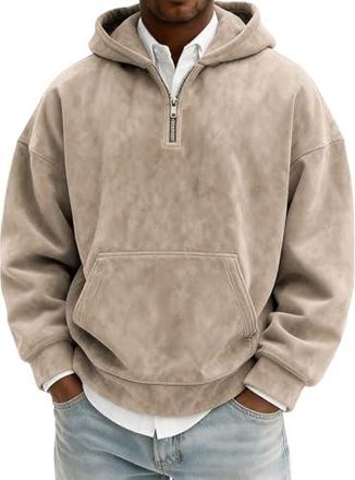 Generic Sweat à capuche rétro en daim synthétique avec fermeture éclair quart pour homme, manches longues, coupe ample, avec poche, pull dhiver décontracté po