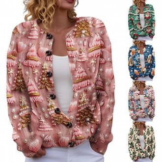 Generic HUIFUAO - Cardigan de Noël pour femme, motif bonhomme de neige, Père Noël, arbre de Noël, pull de Noël grande taille, pull de Noël boutonné à manches 
