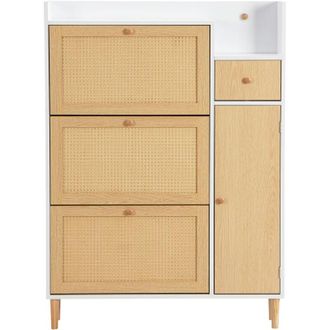 Liberte Meuble à Chaussures avec 3 portes basculantes et tiroir Buffet en bois et rotin Commode de Rangement Rotin Chêne 90x125x17 cm