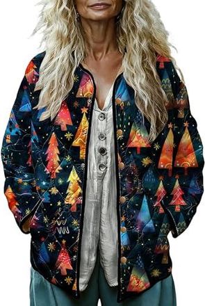 Generic Veste matelassée rétro avec imprimé sapin de Noël pour femme, manteau de vacances fantaisie avec motif graphique festif, manches longues, col montant 