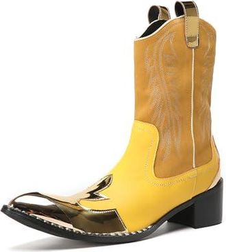 Generic Bottes de cowboy décontractées en cuir véritable avec pointe en métal pour homme, bottes occidentales tendance pour mariage, bar, fête, salle de bal, 