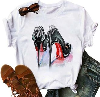 Keephen Femmes Belles & Brillantes Talons Hauts Impression 3D T-Shirt &Eacute;t&eacute; Mode Manches Courtes Blouse Pullover Tops Col Rond Tees