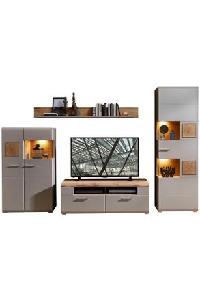 Linie Design Wohnwand, Grau, Eiche, Metall, 4-teilig, 14 F&auml;cher, 2 Schublade(n) Schubladen, 325x205x47 cm, Made in EU, Beim&ouml;bel erh&auml;ltlich, Wohnzimmer, Wohnw&auml;nde, 