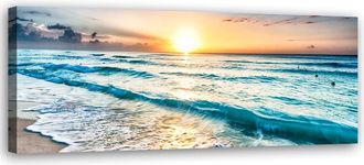 Feeby Vlies Leinwandbild Meer Strand Sand Wasser Wellen 90x30 cm Druckbild Wandbild Wanddekoration Deko Wand Aesthetic Sonnenuntergang Ostsee Blau
