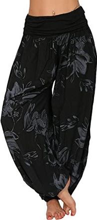 TOMWELL Femme Sarouel Éte Floral Imprimer Élastiquée Taille Pantalon Large Taille Haute Rétro Sarouel Fluide Décontractée Yoga Pants A Noir 3XL