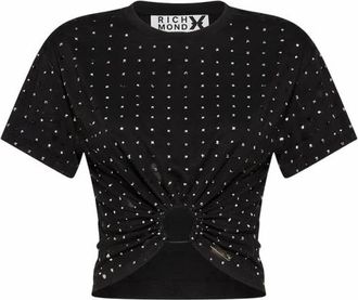 John Richmond Femme, Tops, Noir, Taille: 40 FR T-shirt avec applications d&eacute;coratives et d&eacute;tail fronc&eacute; au centre