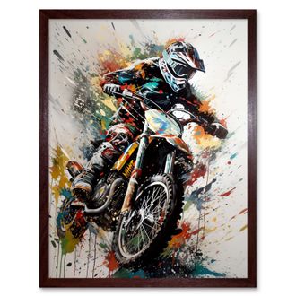 Artery8 Motocross Racer Paint Splat Action Shot Portrait Art Print Framed Poster Wall Decor 12x16 inch