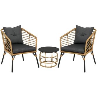 OUTSUNNY Rattan Gartenm&ouml;bel-Set, 3-TLG. Sitzgruppe, inkl. Couchtisch und 2 St&uuml;hle, Bistro-Set mit Kissen, Balkonm&ouml;bel f&uuml;r Terrasse, Balkon, Stahl