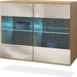 Vladon Kommode Bari V3, Moderner K&uuml;chenschrank mit 2 gro&szlig;en Glast&uuml;ren inkl. RGB Beleuchtung Eiche Evoke/Sandgrau Hochglanz (92,5 x 73.5 x 35)