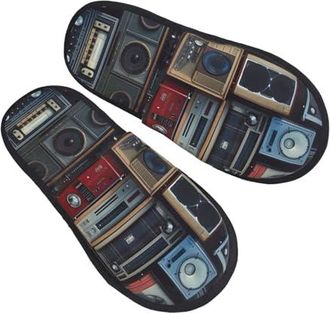 Generic Chaussons Mur Vintage De Radio Boombox Avec Semelle Caoutchouc Pantoufles Légers Slippers Pour Hôtels Chambre De Camping M
