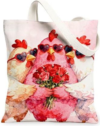 Generic Sacs fourre-tout en toile motif poules mignons, adorables poules &agrave; motif floral, sacs d&eacute;picerie r&eacute;utilisables, l&eacute;gers et lavables, p&ecirc;che, 13x15 Inch