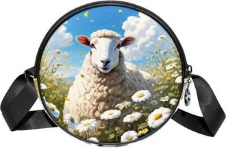Generic Sac &agrave; bandouli&egrave;re rond pour femme, motif fleur de mouton, petit sac &agrave; bandouli&egrave;re avec fermeture &eacute;clair, bretelles r&eacute;glables, sac &agrave; main rond d&eacute;contra