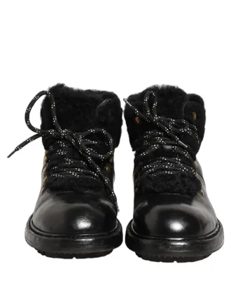 Dolce & Gabbana Mens Black Trekking Fur Lace Leather Boots Shoes Horse