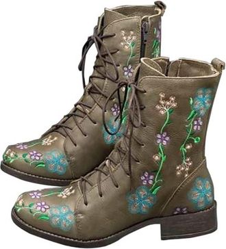 Generic Bottes brodées bohème pour femme, motif floral vintage à lacets en cuir, bottines à talon moyen, confortables à bout rond, imperméables, chaussures dé
