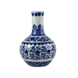 Ori&euml;ntique Chinesische Vase Porzellan Lotus Blau Wei&szlig; D20xH30cm China Dekorative Blumenvase Orientalische