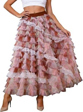 Generico Jupe maxi d&eacute;contract&eacute;e en tulle pour femme Taille haute &eacute;l&eacute;gante Taille &eacute;lastique douce, Caf&eacute;, Taille Unique