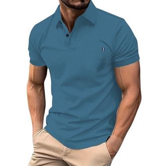 Generic Polo pour homme europ&eacute;en, pur, color&eacute; et polyvalent avec col ample, boutonni&egrave;re, col ouvert, manches courtes de sport c&ocirc;tel&eacute;es, bleu, XXL