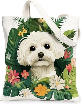 Generic Sac fourre-tout en toile motif chien maltais printanier 33 x 38,1 cm, sac d&eacute;picerie r&eacute;utilisable avec motif imprim&eacute; de plantes, fleurs, chiots pour fe