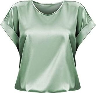 Generic Haut &agrave; manches courtes pour femme, t-shirt d&eacute;contract&eacute; &agrave; manches enroulables, chemisier d&eacute;t&eacute; l&eacute;ger en satin, haut ample, couleur unie, col rond, chemi
