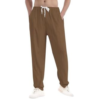 Generic Pantalon de plage l&eacute;ger en lin pour homme avec cordon de serrage - Jambe droite - Coupe ample - Taille &eacute;lastique - Pantalon d&eacute;contract&eacute; - Pantalon de 