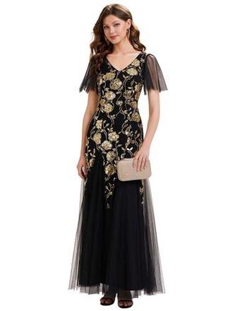 Ever-pretty Robe de Soir&eacute;e Chic Encolure en V Manches Courtes Paillette Maxi Robe &eacute;vas&eacute;e Or Noir 50