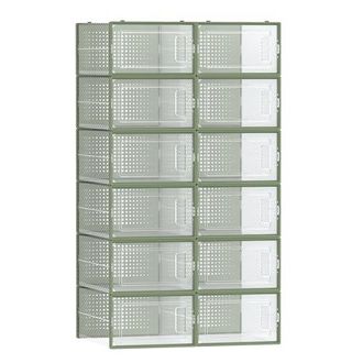 Songmics Boîtes à Chaussures, Lot de 12, Rangement Chaussures, Pliable, pour Pointure Jusquà 44, Transparent et Vert Olive LSP12SG30