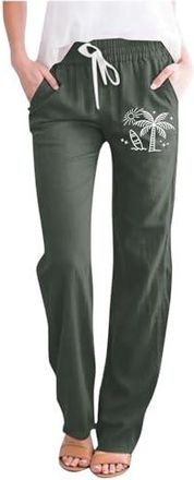 Generic Pantalon en coton et lin pour femme - Jambe large - Pantalon de plage d&eacute;t&eacute; pour femme - Confortable - Pantalon de yoga Palazzo XIYU26087, vert militai
