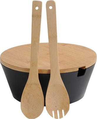 KESPER | Obst- und Salatschale mit Besteck, Material: Kunststoff, Bambus, Ma&szlig;e: &Oslash; 26 cm/H&ouml;he: 11 cm, Farbe: Schwarz, Braun | 92524