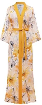 Babeyond Peignoir kimono long pour femme - En mousseline de soie l&eacute;g&egrave;re et satin&eacute;e - Manches mi-longues - Coupe ample, Couleur ambre, taille unique