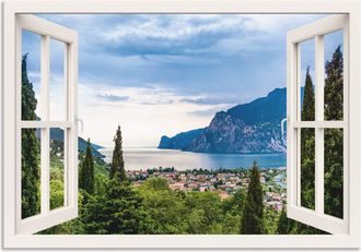 Artland ARTland Wanddeko Wandbild Alu Verbundplatte für Innen & Outdoor Bild 130x90 cm Querformat Fensterblick Gardasee Landschaft See Natur Berge Italien U1T