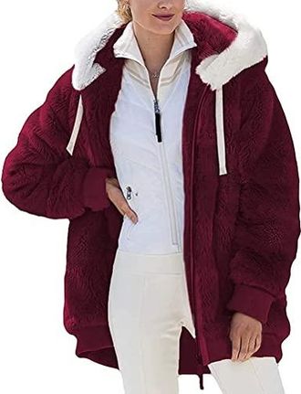 Onsoyours Manteau Femme Hiver Mode Manche Longue Peluche Veste Courte Cardigan Chaud Zippée Jacket Coat Couleur Unie Outwear Streetwear Parka Blouson C Vin Roug