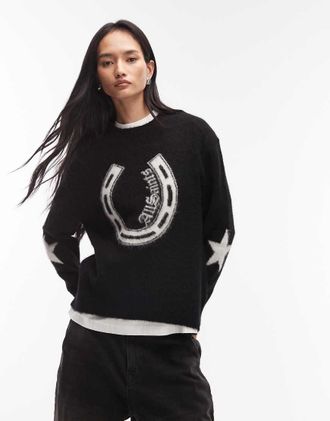 AllSaints Kismet - Pull ras de cou &agrave; imprim&eacute; fer &agrave; cheval - Noir et blanc