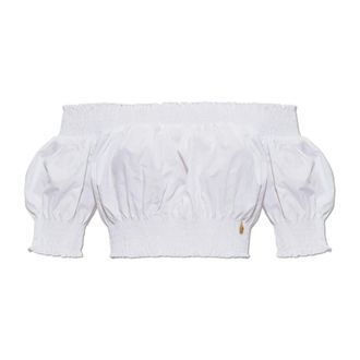 Balmain Top Bardot en popeline - Femme - Blouses et Chemises - Blanc - Taille: 36 FR