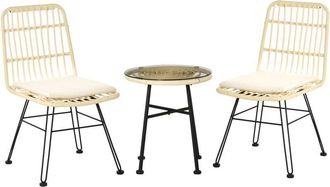 OUTSUNNY Ensemble bistro de jardin 2 places 3 pi&egrave;ces style exotique 2 chaises + table basse ronde m&eacute;tal &eacute;poxy noir r&eacute;sine tress&eacute;e beige