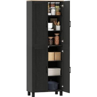 HOMCOM Homcom - Buffet haut - armoire de cuisine - buffet cuisine vaisselier - 5 &eacute;tag&egrave;res - poign&eacute;es m&eacute;tal noir effet bois clair gris pigeon
