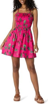 Amazon Essentials Robe Courte à Corsage Smocké en Satin de Coton, Coupe Classique Femme, Rose Incandescent Rouge Leafy Floral, XXS