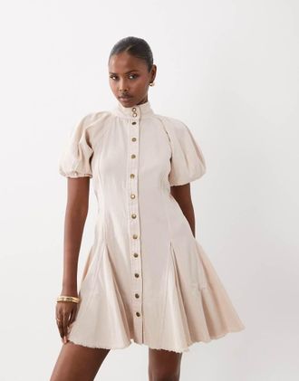Asos Robe babydoll courte boutonn&eacute;e &agrave; godets - Rose d&eacute;lav&eacute;