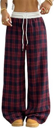 Generic Pantalon &agrave; carreaux pour femme, pantalon de pyjama pour femme, pantalon de surv&ecirc;tement ample pour femme, pantalon large &agrave; cordon de serrage avec poche