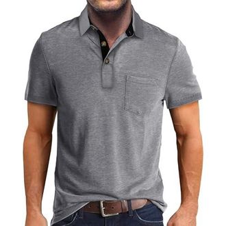 Generic Polo Homme &Eacute;t&eacute; Printemps Couleur Unie Manches Courtes Col Boutonn&eacute; Ray&eacute; Oversize Haut T-shirt, gris, XL