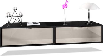Vladon 2er-Set TV Board Lana 80, Made in Germany, Lowboards je 80 x 29 x 37 cm mit viel Stauraum, Korpus in Schwarz matt, Fronten in Sandgrau Hochglanz | Gro